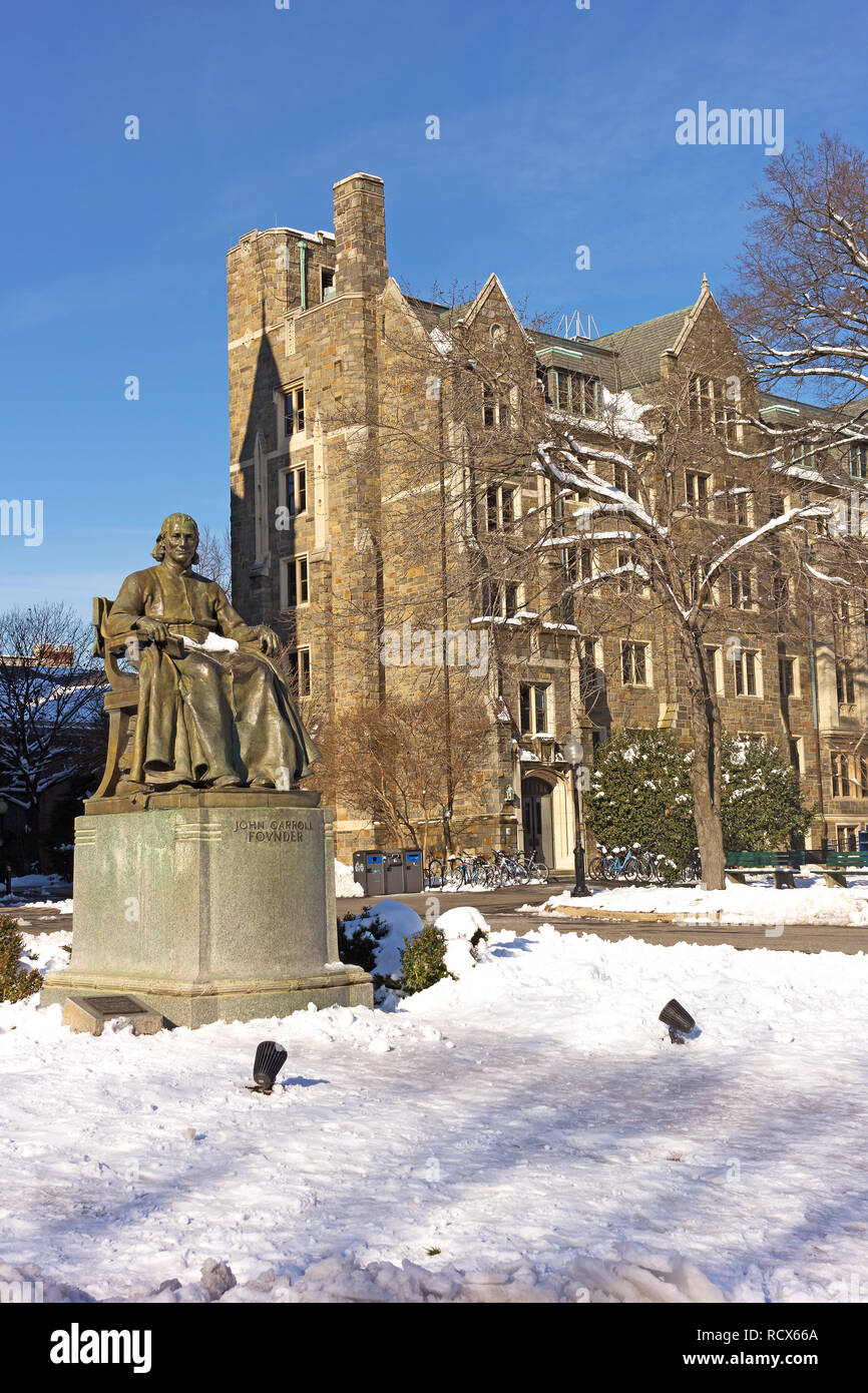 Georgetown University campus square with statue of its founder in ...