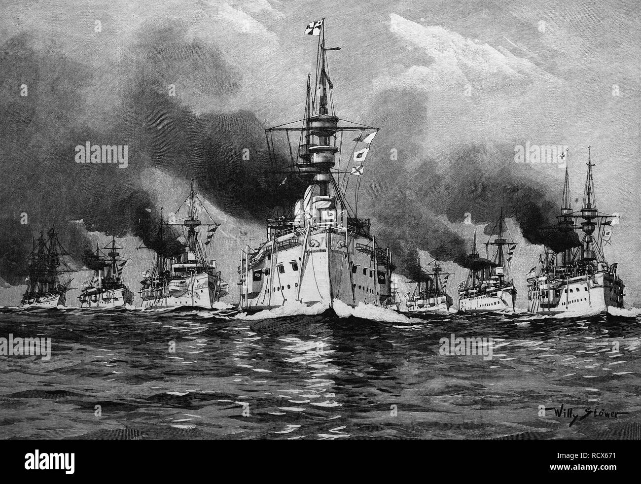 Ships of the German cruiser squadron in East Asia, wood engraving, 1880 ...