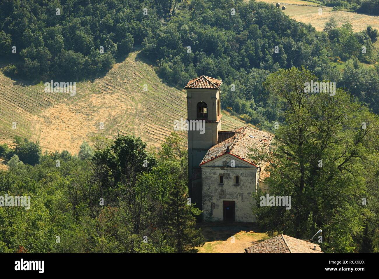 Church below the ruins of Canossa Castle, Emilia Romagna, Italy, Europe ...