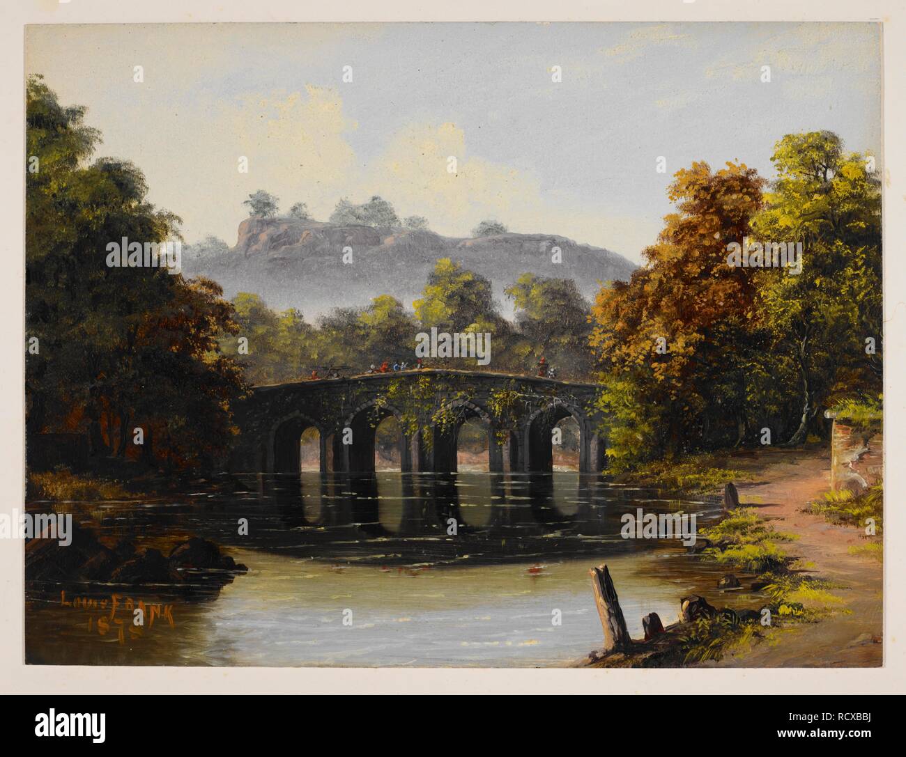 A four-span bridge across the Khadoli River, Rajapur. 1878. oil paint ...