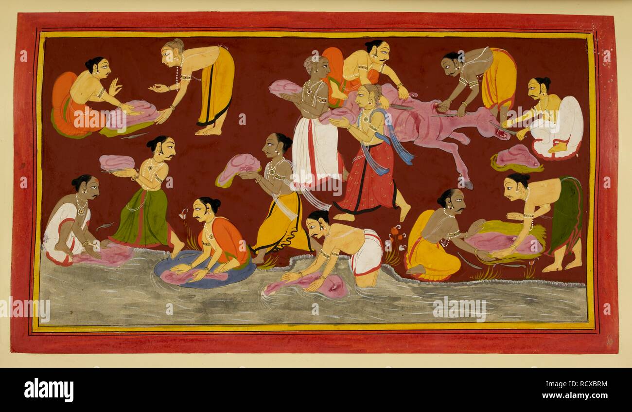 The sacrificed horse is prepared. Ramayana, Bala Kanda. Udaipur, 1712 ...
