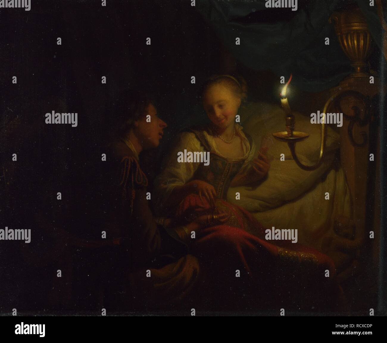 A Candlelight Scene. A Man offering a Gold Chain and Coins to a Girl ...