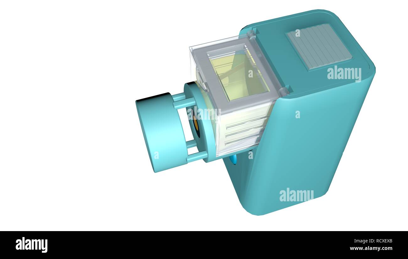 Model of portable nebulizer for the treatment of asthma on a white ...
