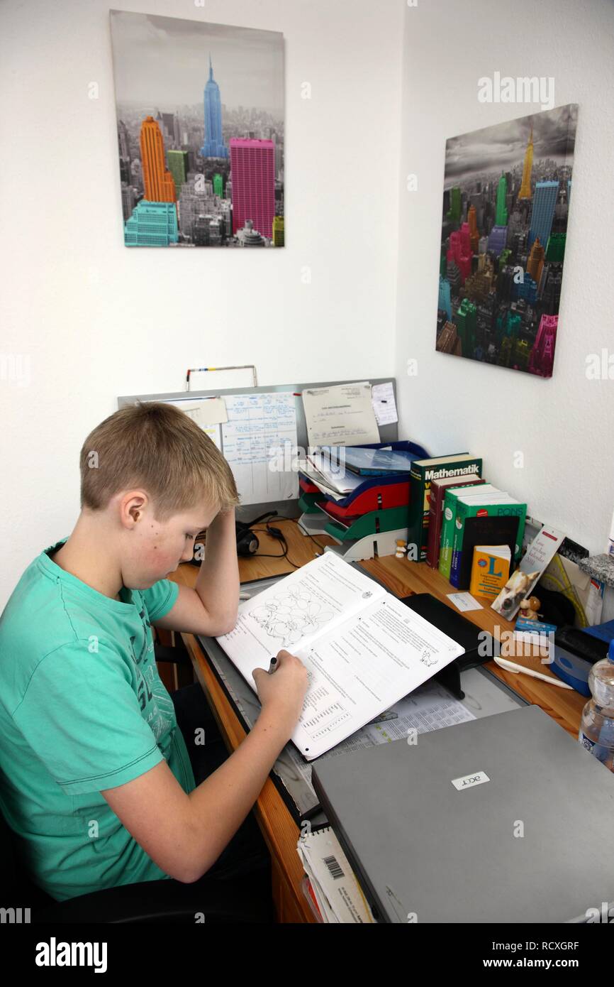 Boy, 12 years, doing his homework in his room, studying for school ...