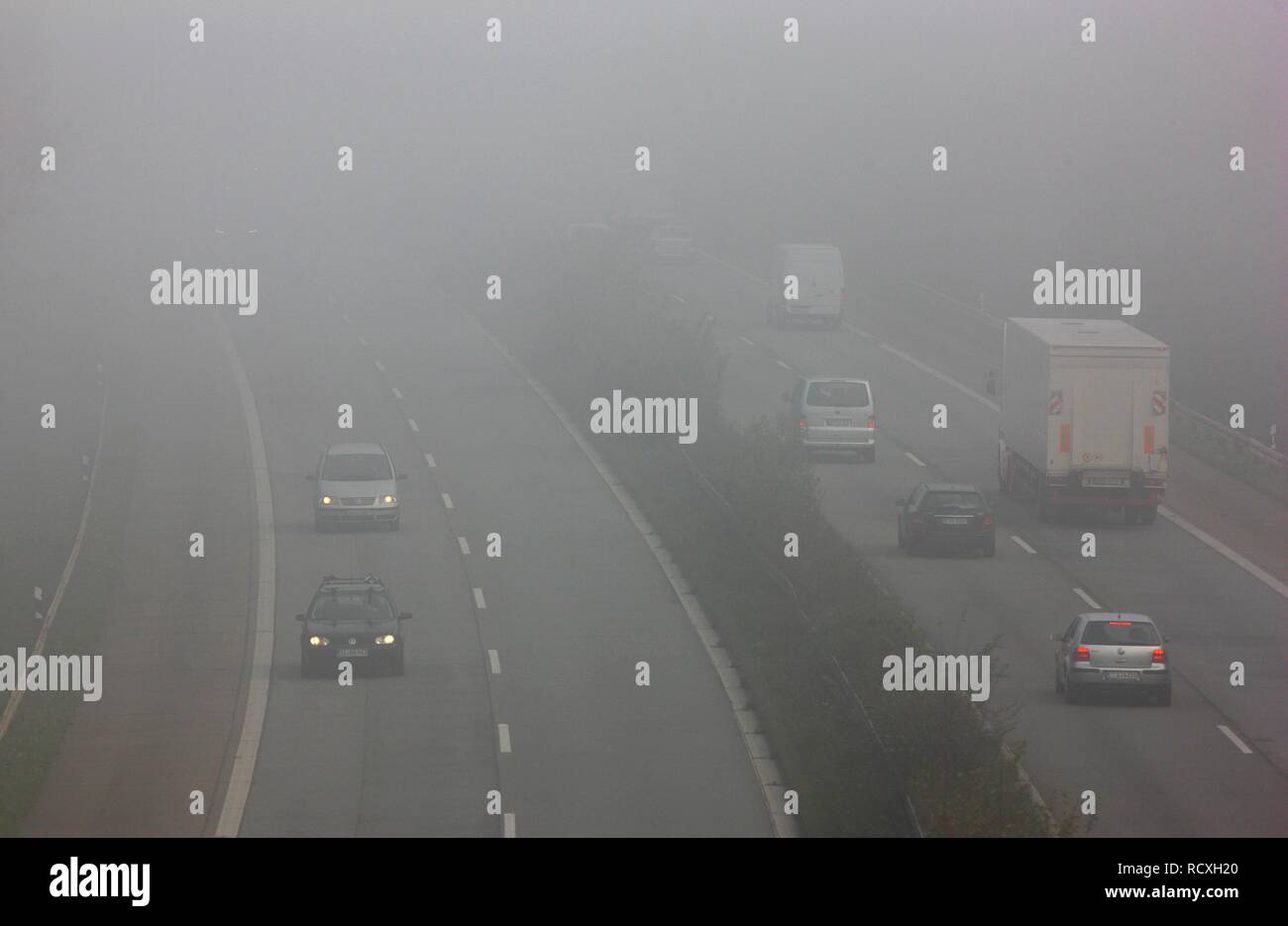 Autobahn A52, motorway, in thick fog, autumn, visibility under 100 ...