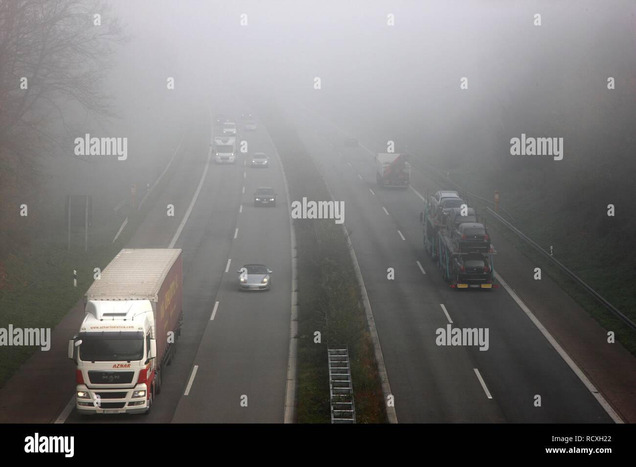 Autobahn A52, motorway, in thick fog, autumn, visibility under 100 ...