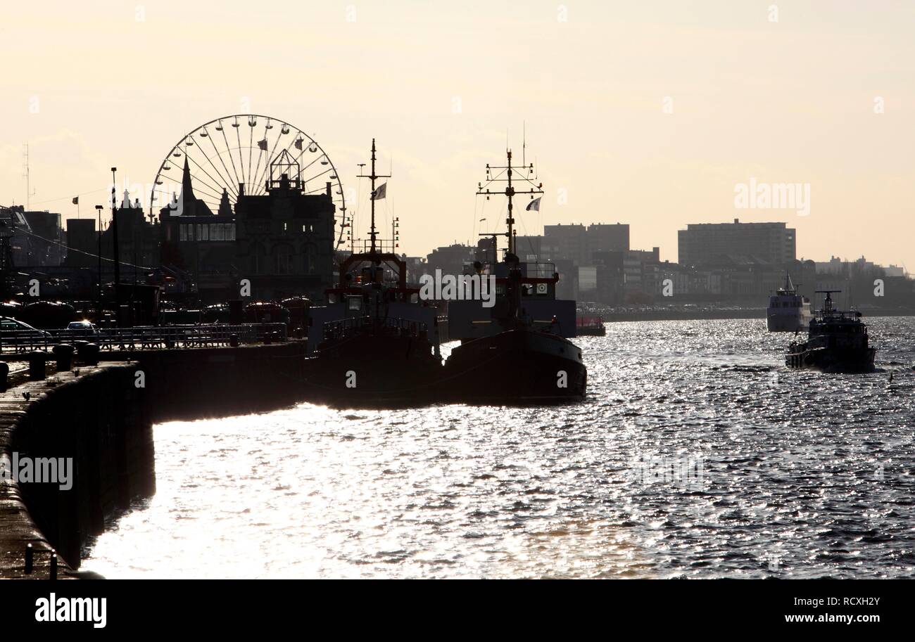 View of the bank of Scheldt or Schelde river, promenade, ferris wheel ...