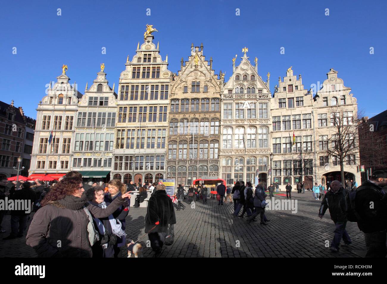Guild houses, gabled houses, ornate facades, golden figures on the ...