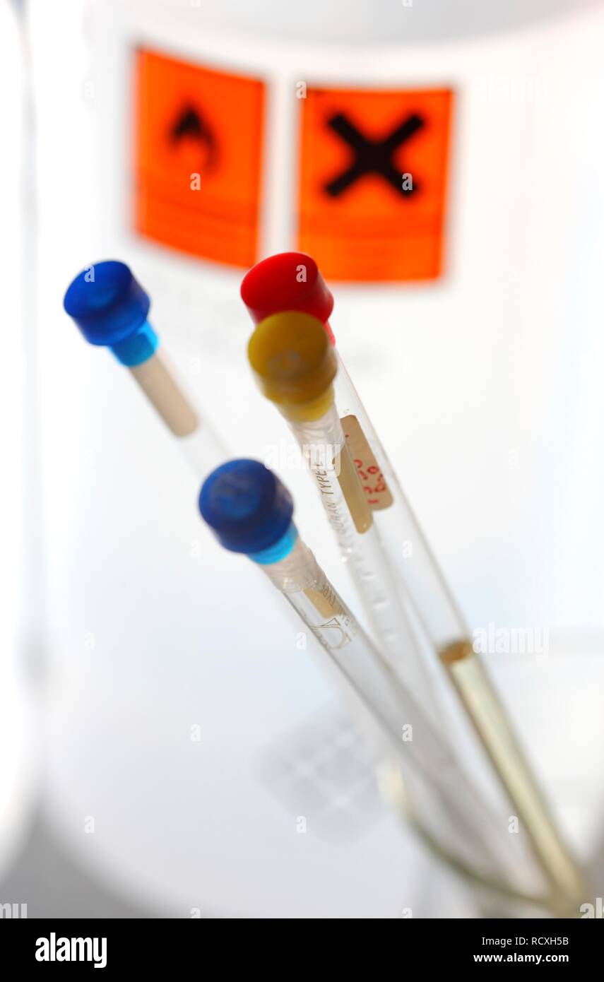 Glass containers with liquids for various trials, which will then be ...