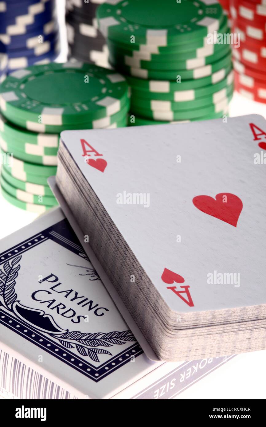 Poker, playing cards, gaming chips, tokens, with different values, ace ...
