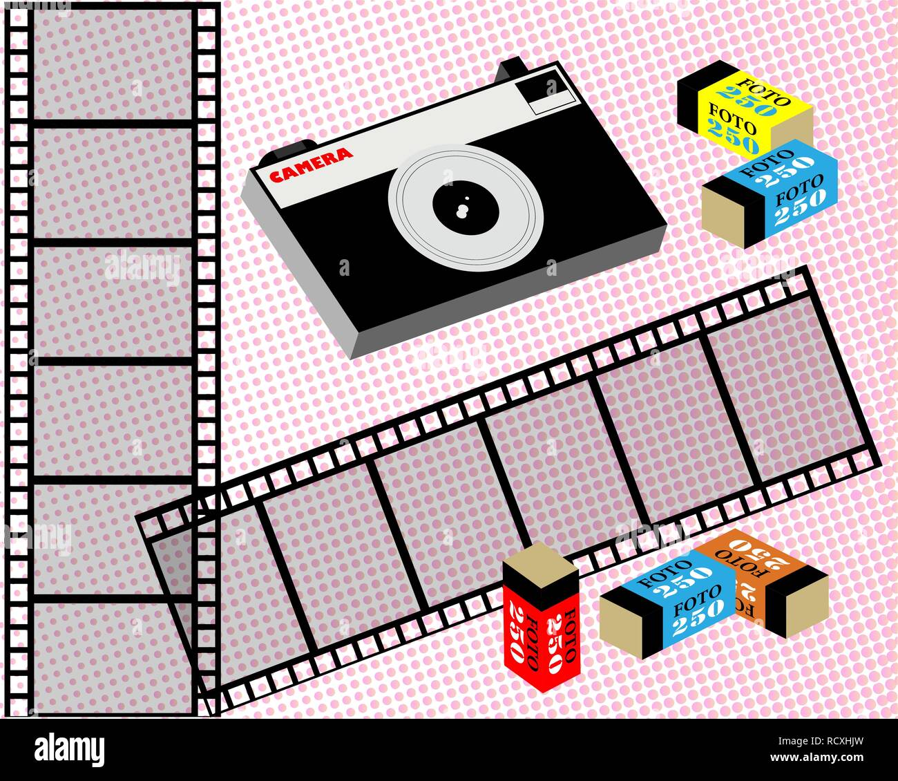 Old film camera, film, and film in the package. Coarse-grained ...
