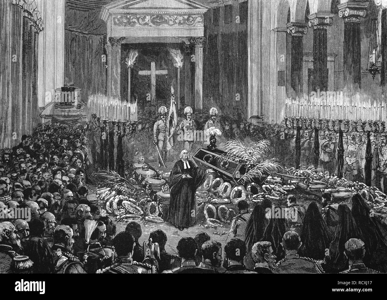 Historical engraving, death of Emperor Frederick, funeral ceremony at ...