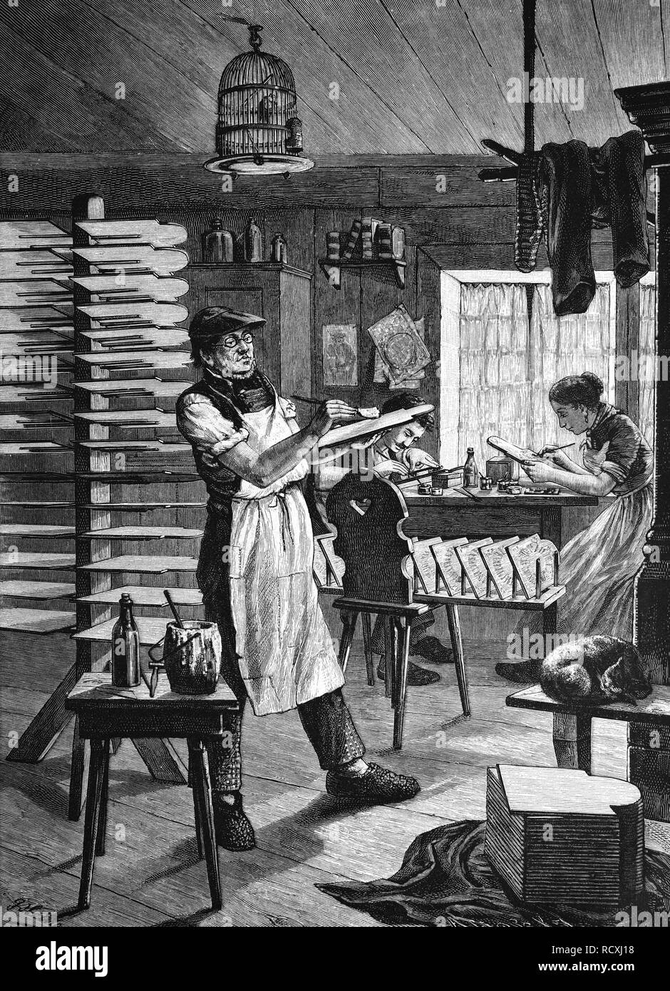 Historical engraving, Black Forest clock face painters during ...