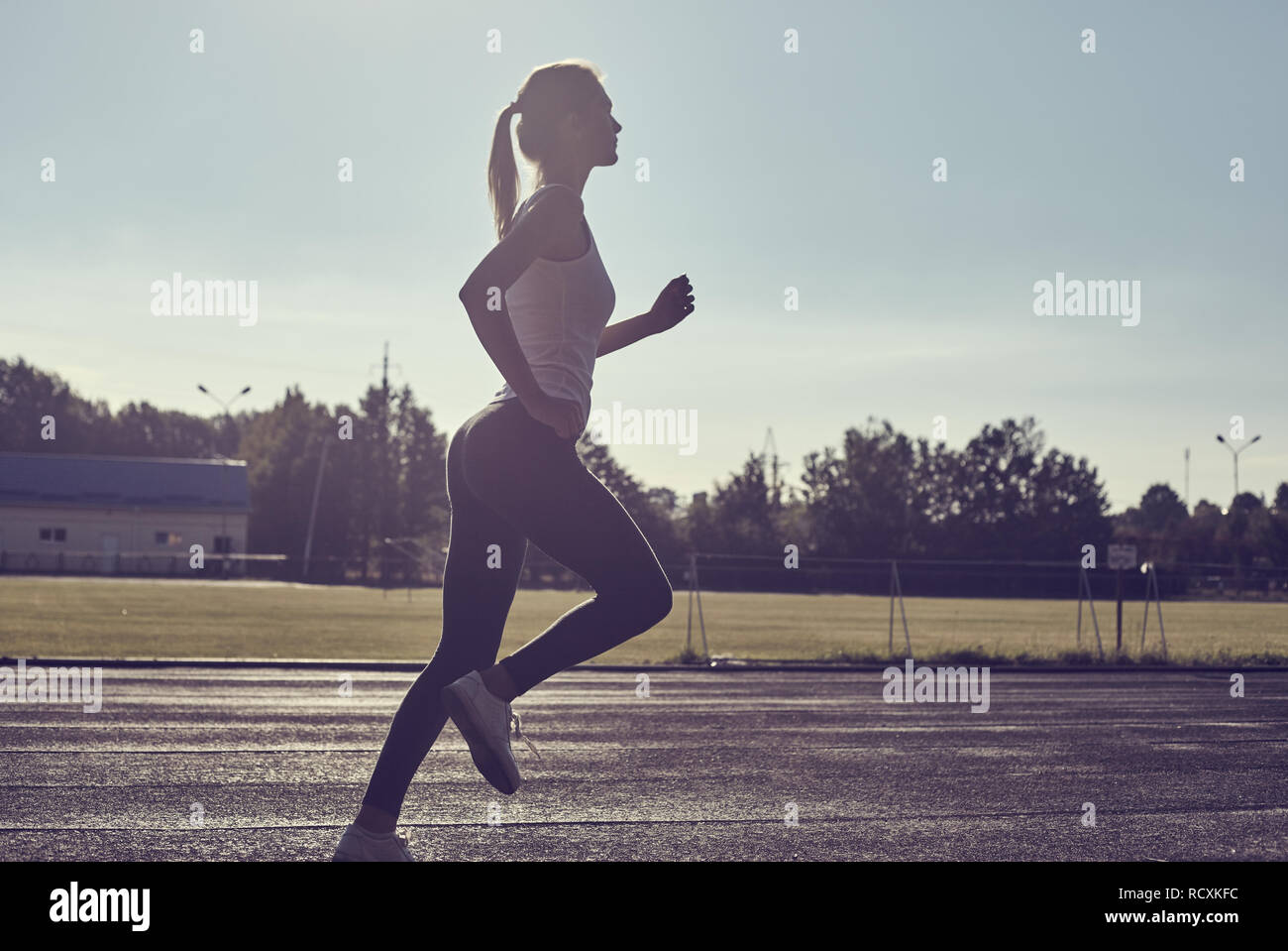 Pretty woman jogging at park in sunrise light Stock Photo - Alamy