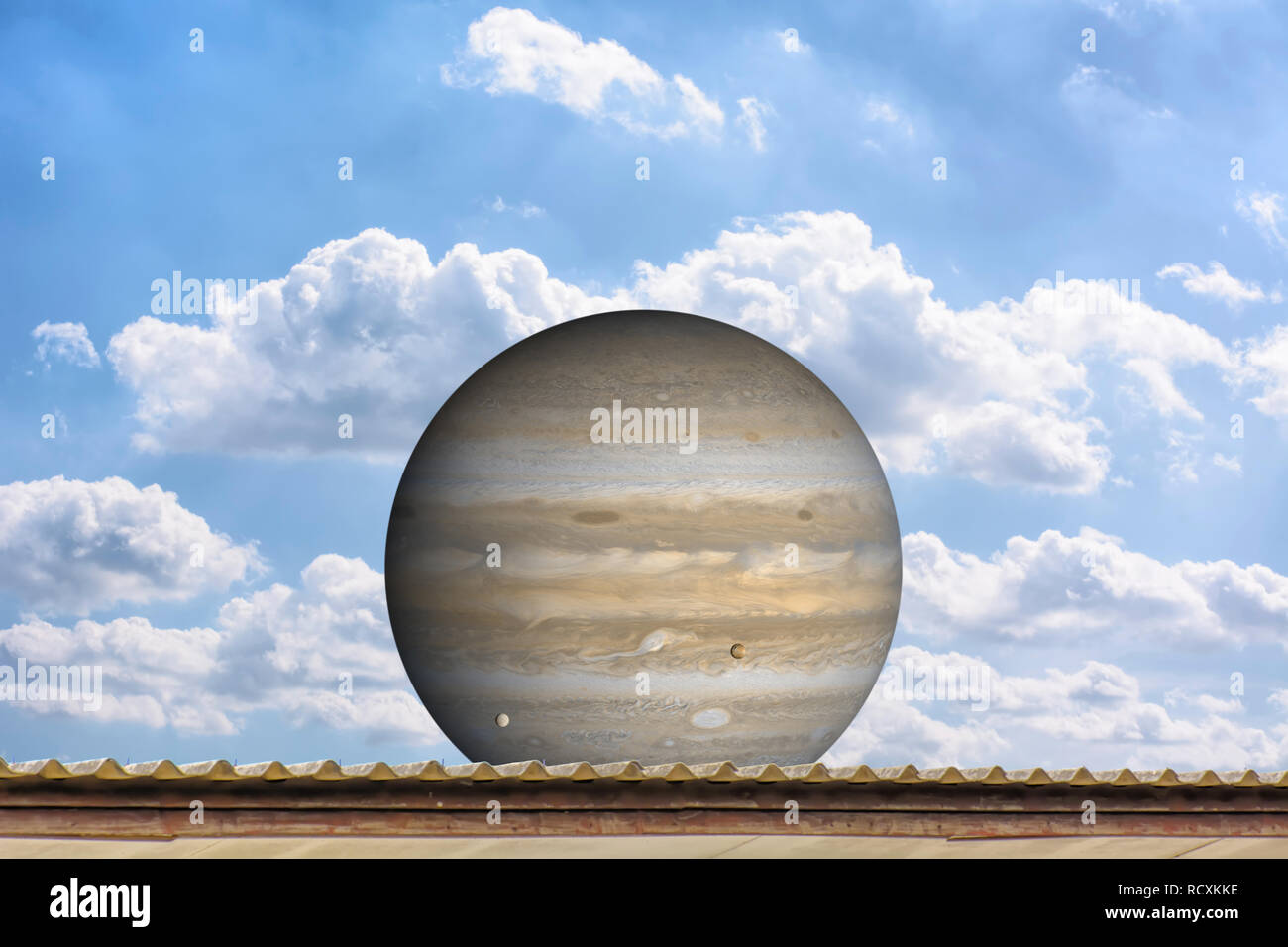 Planet Jupiter on the roof, on the blue sky. Elements of the furnished ...
