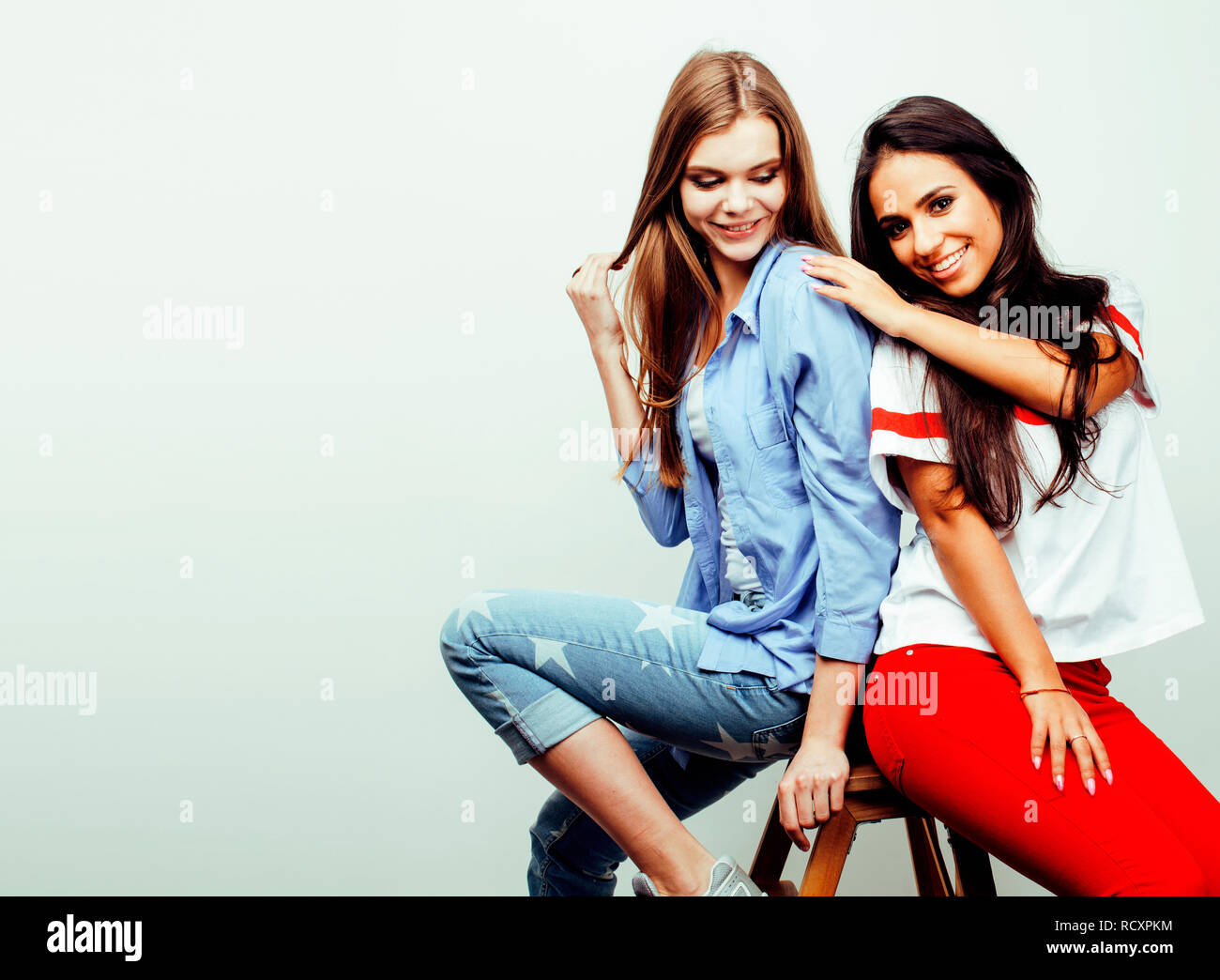 best friends teenage girls together having fun, posing emotional on ...