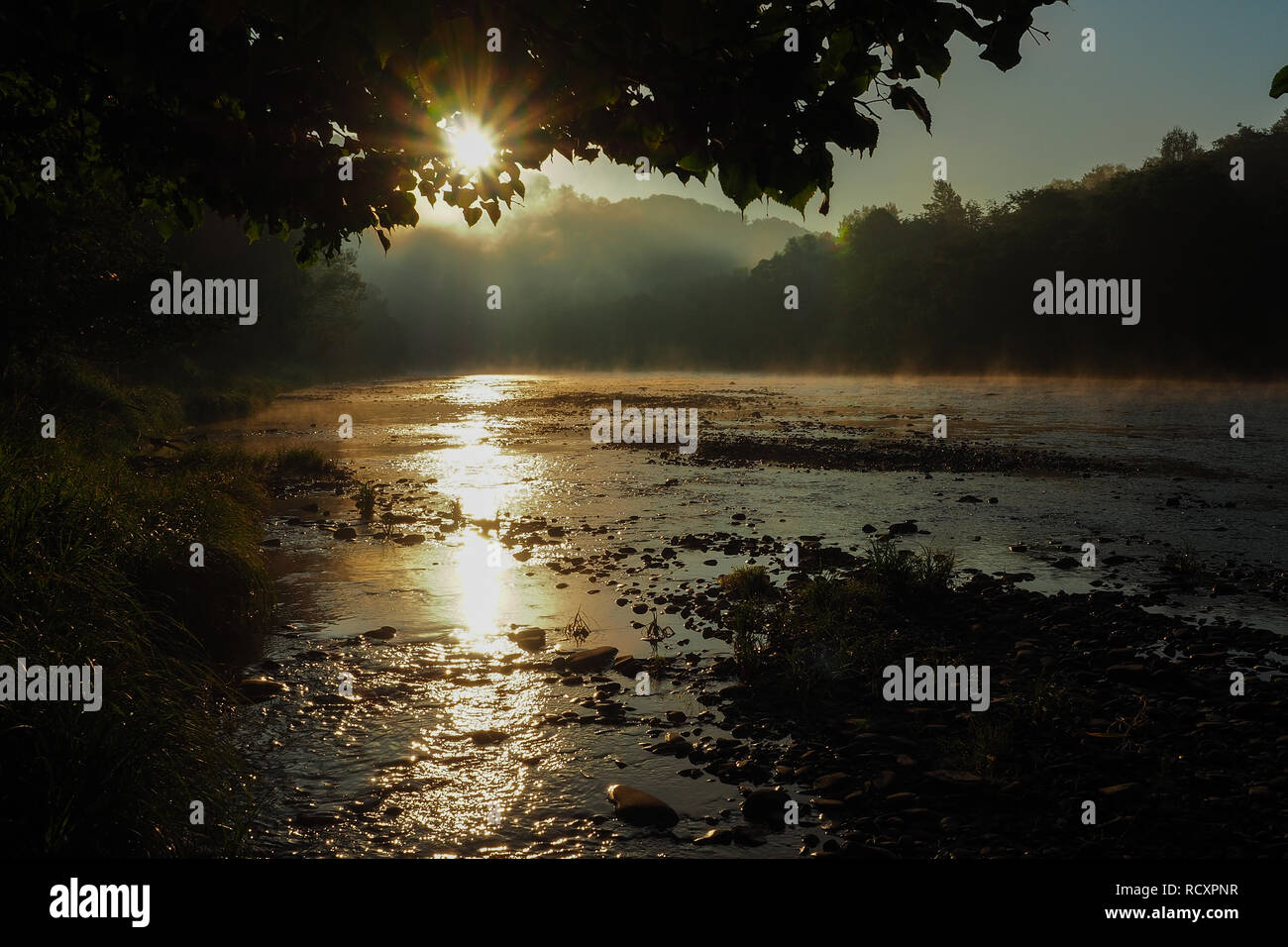 Sunrise over the San river. "Krywe" nature reserve. Bieszczady ...