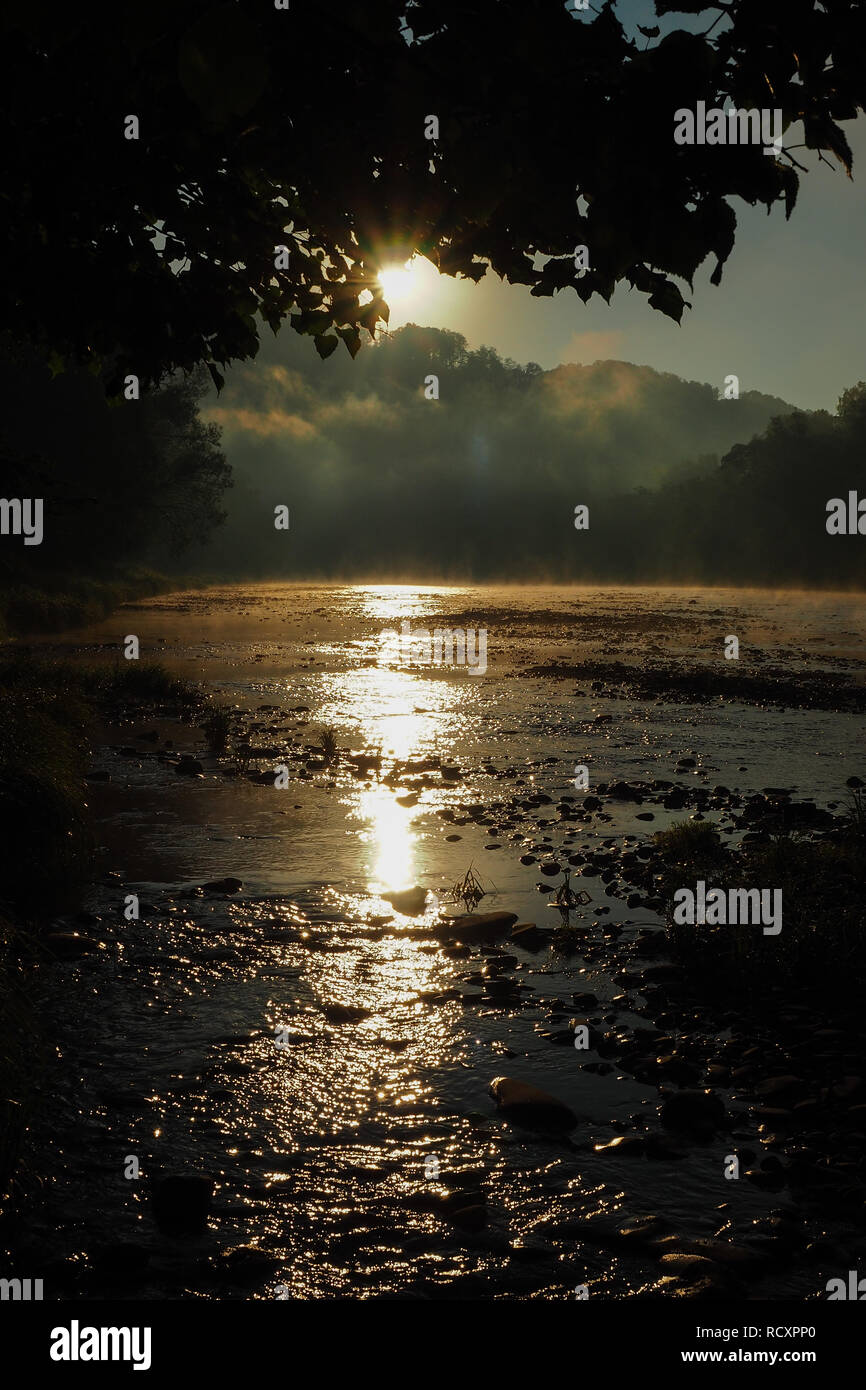 Sunrise over the San river. "Krywe" nature reserve. Bieszczady ...