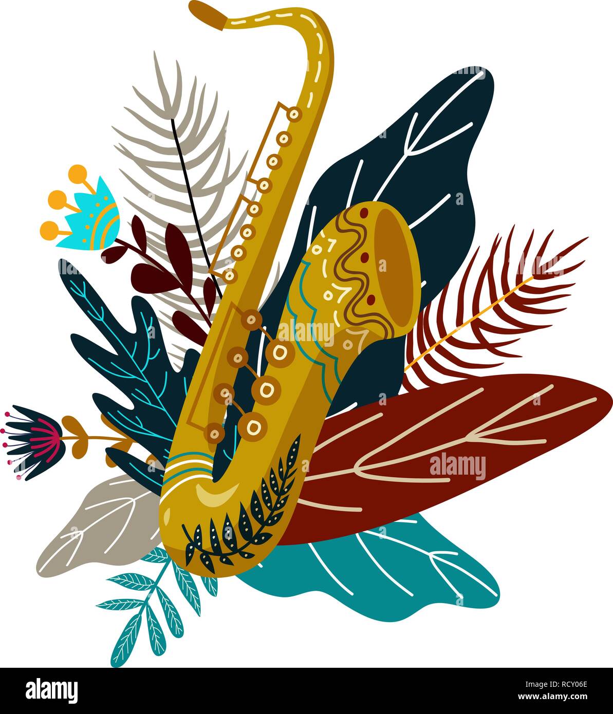 Isolated on white background saxophone and leaves with flowers ...
