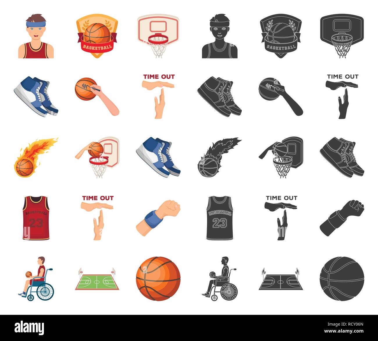 Basketball and attributes cartoon,black icons in set collection for ...