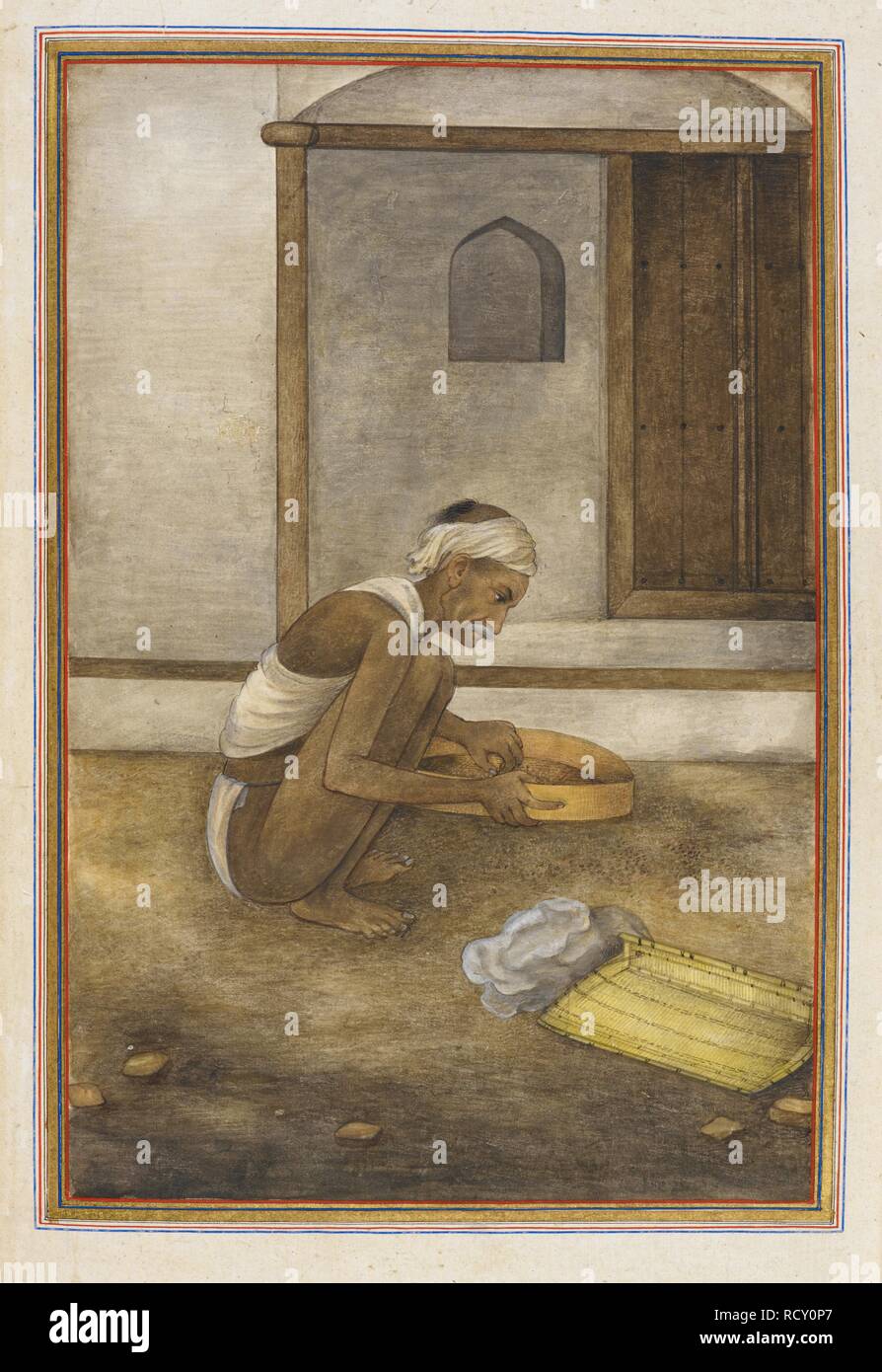 Man sifting grain with a sieve. Agari, a grain-sifter. Tashrih al-aqvam ...