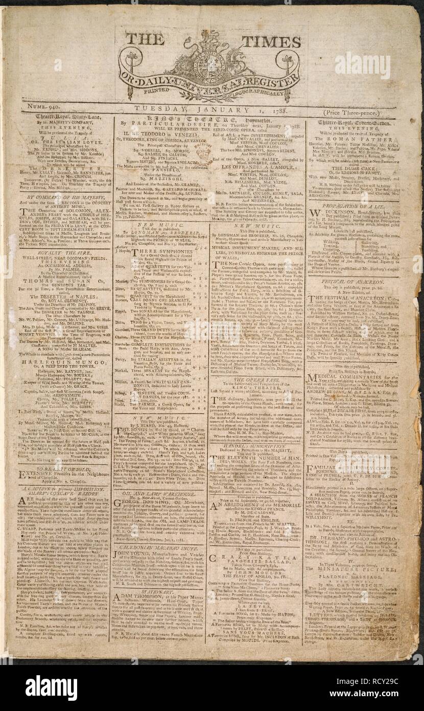 Front page of The Times. The Times or Daily Universal Register. 1788 ...