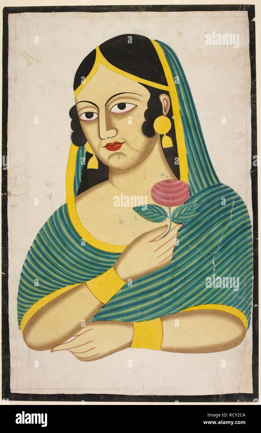 Courtesan, head and shoulders, a rose in her hand. c.1880. Watercolour ...