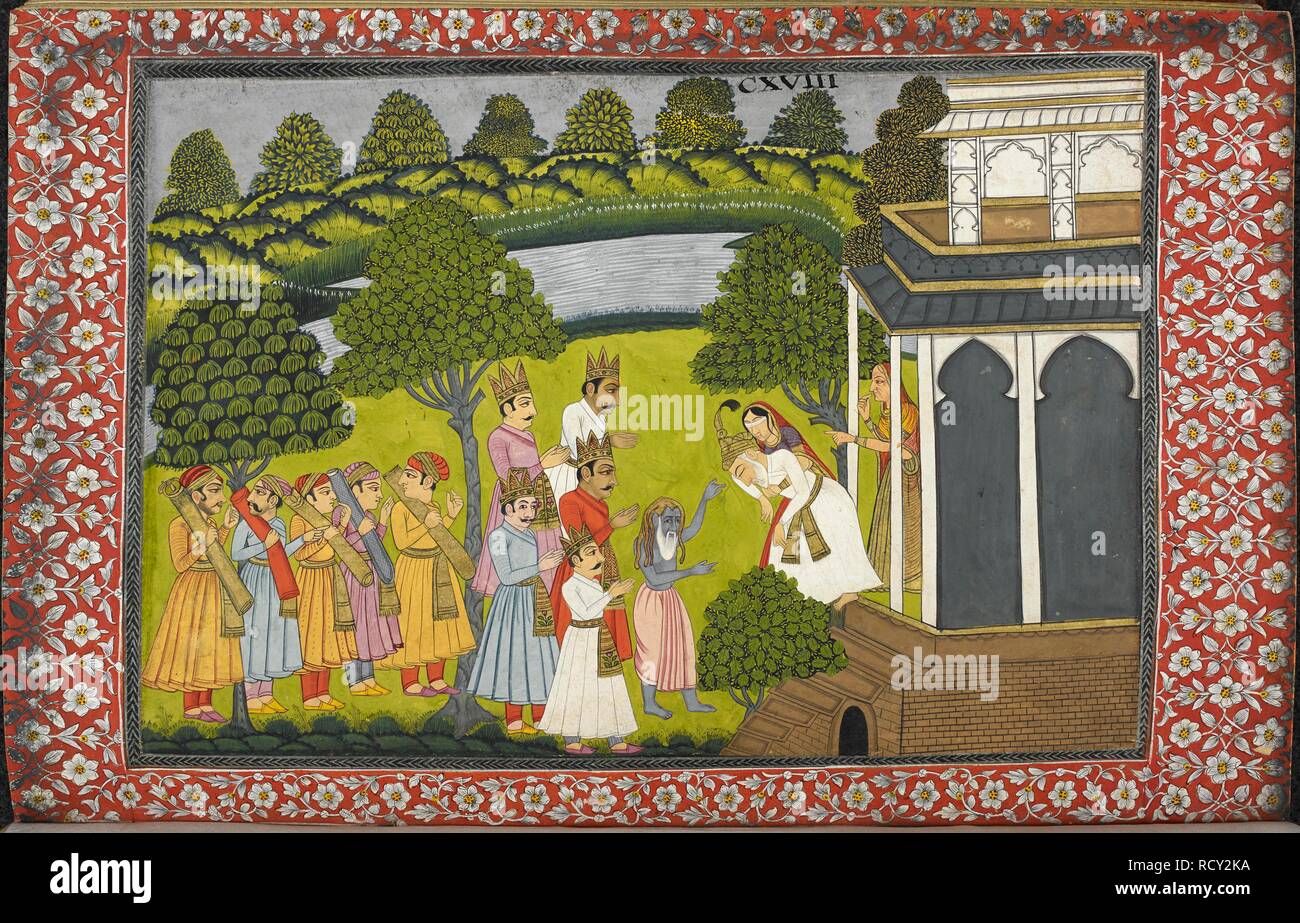 Gandhari, blindfolded, and Kunti escorting the infirm Dhrtarastra to ...