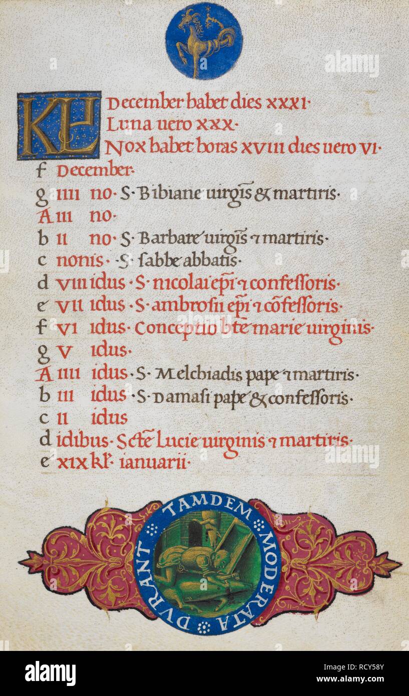 Calendar page for December. Mirandola Hours. Italy, circa 1490-1499 ...