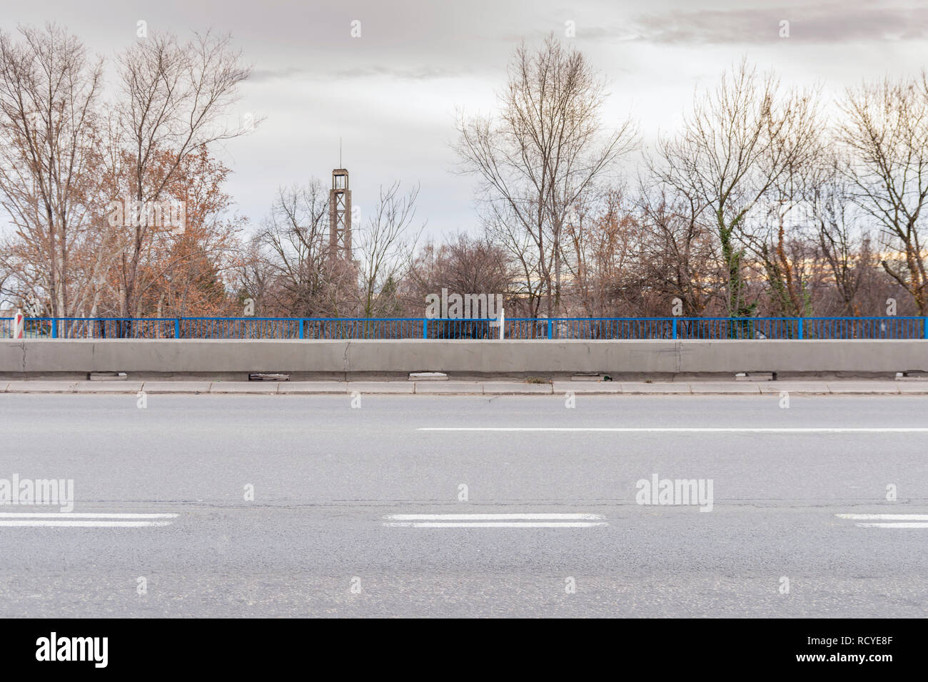 Bridge traffic in the city asphalt empty road with sidewalk and three ...