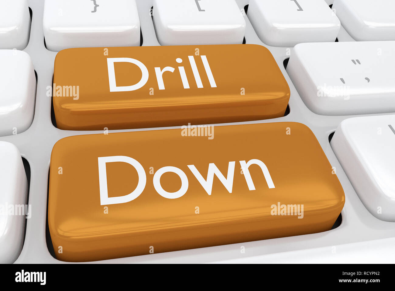 3D illustration of computer keyboard with the script Drill Down on two adjacent orange buttons ...