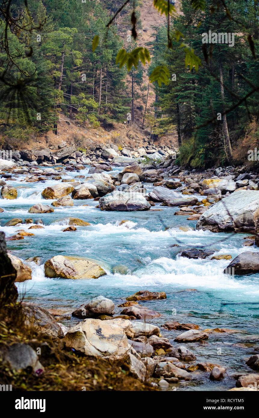 Parvati river viewed from Chalal, a small village in Himachal Pradesh ...