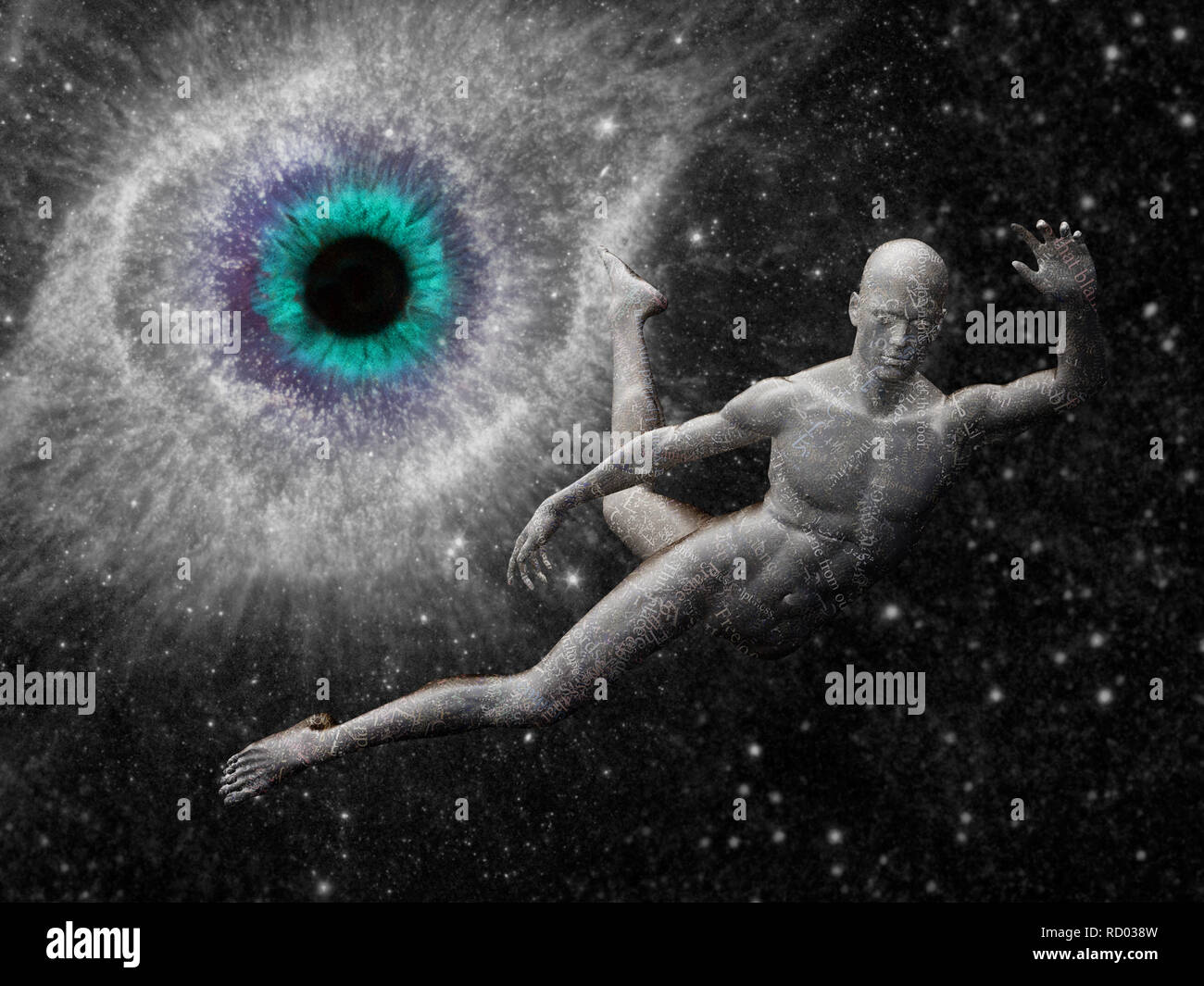 Man flying in deep space. Galaxy in eye shape Stock Photo - Alamy