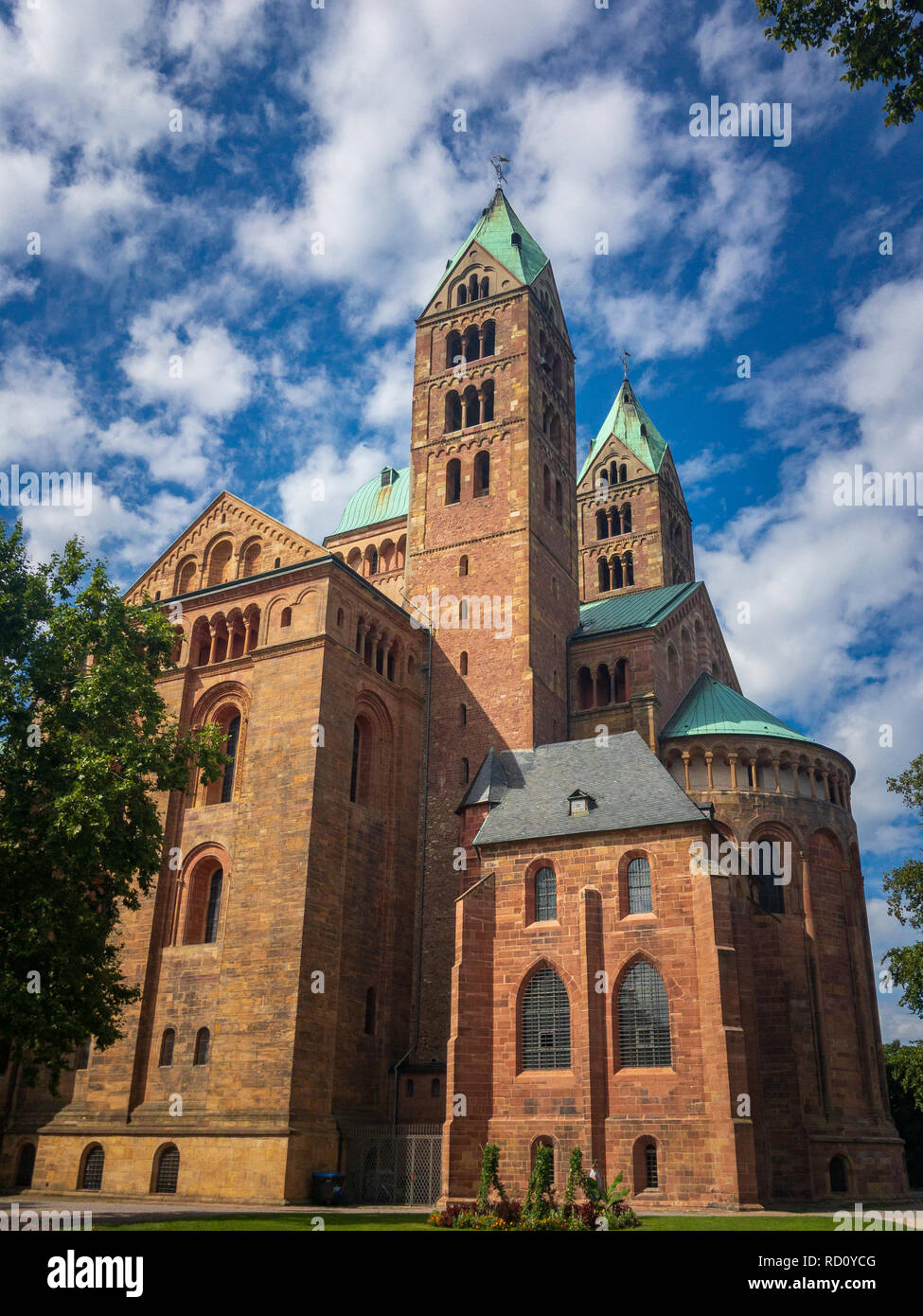 View from the southeast to historic Speyer Cathedral, Germany. It is the largest preserved ...