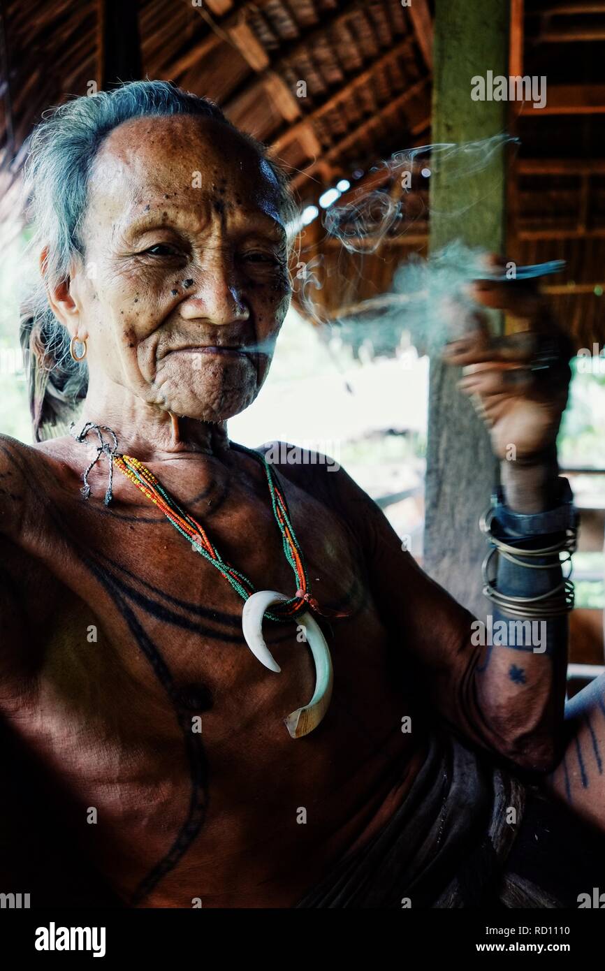 Muara Siberut, Mentawai Islands / Indonesia - Aug 15 2017: tribal elder ...
