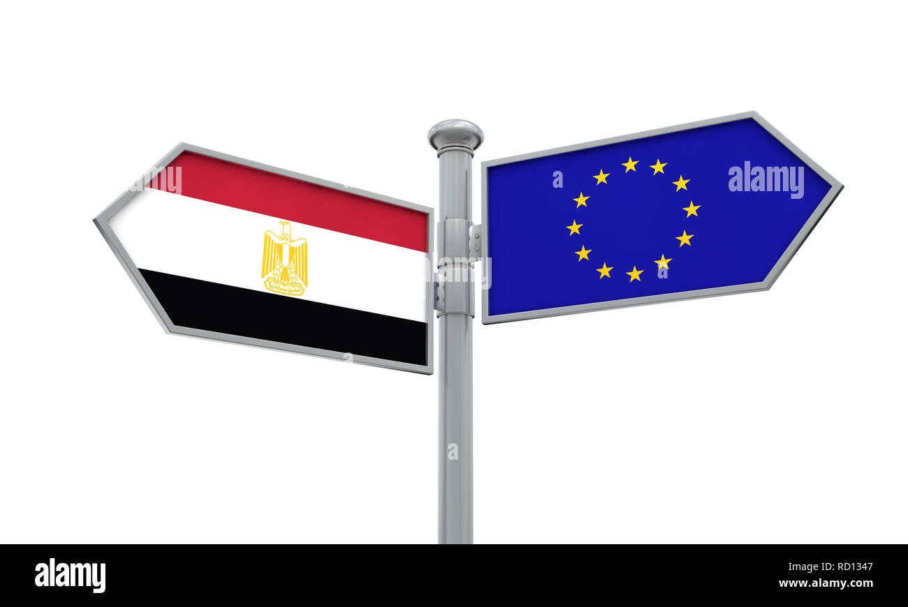 Egypt and European Union guidepost. Moving in different directions. 3D ...