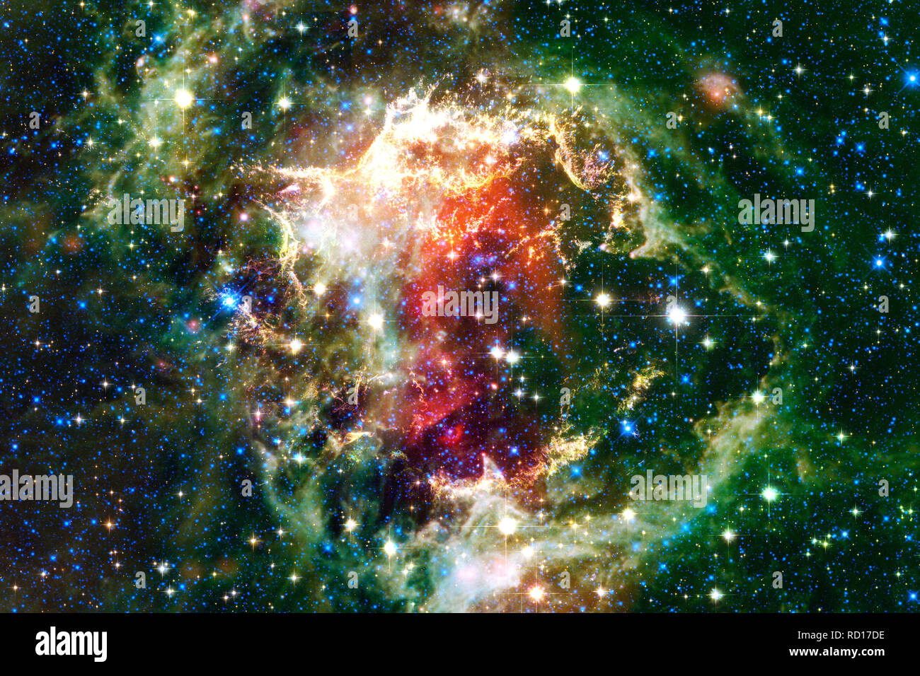 Universe scene with bright stars and galaxies in deep space showing the ...