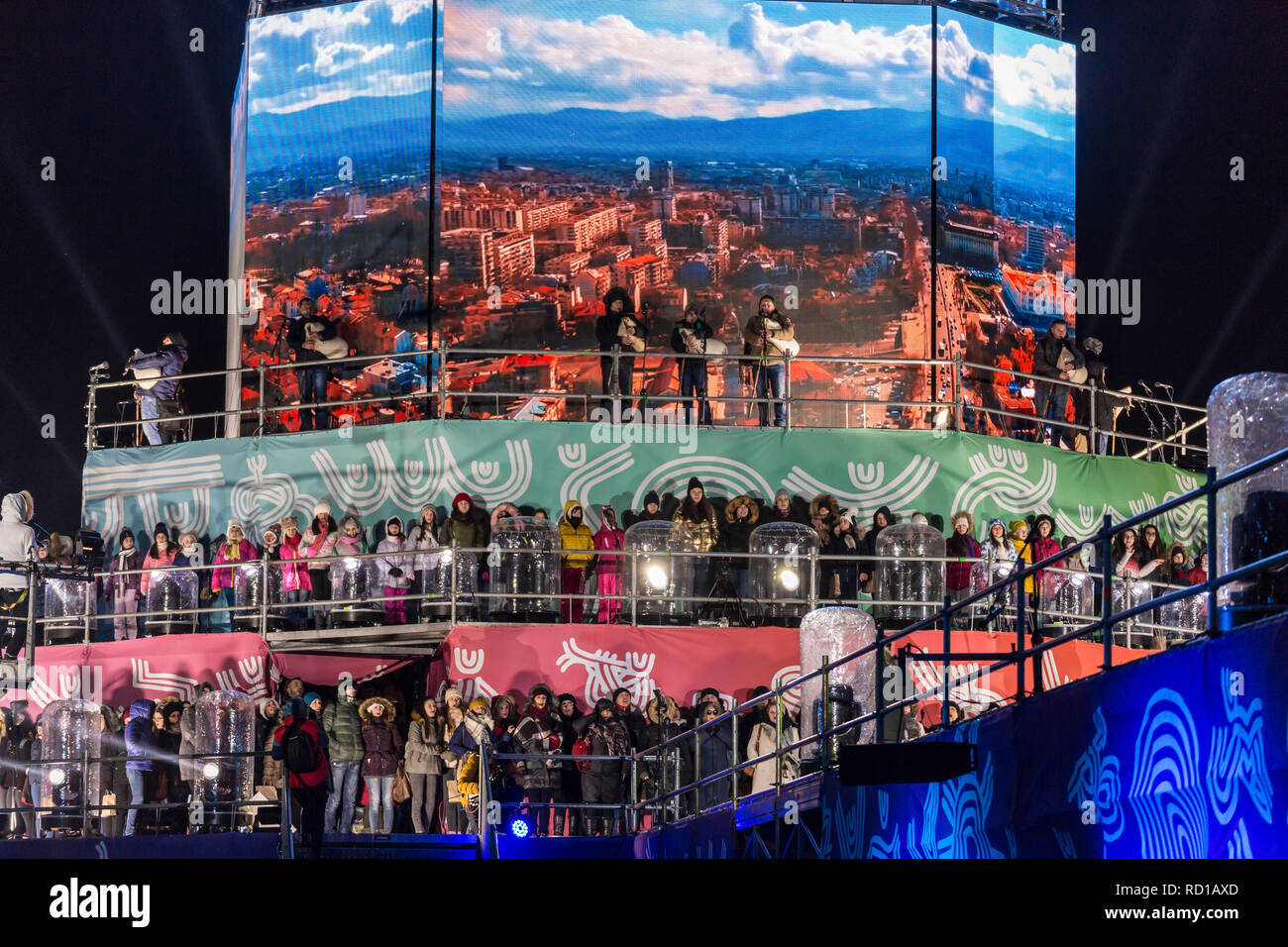 PLOVDIV, BULGARIA - JANUARY 11, 2019 - Main tower and stage at the ...