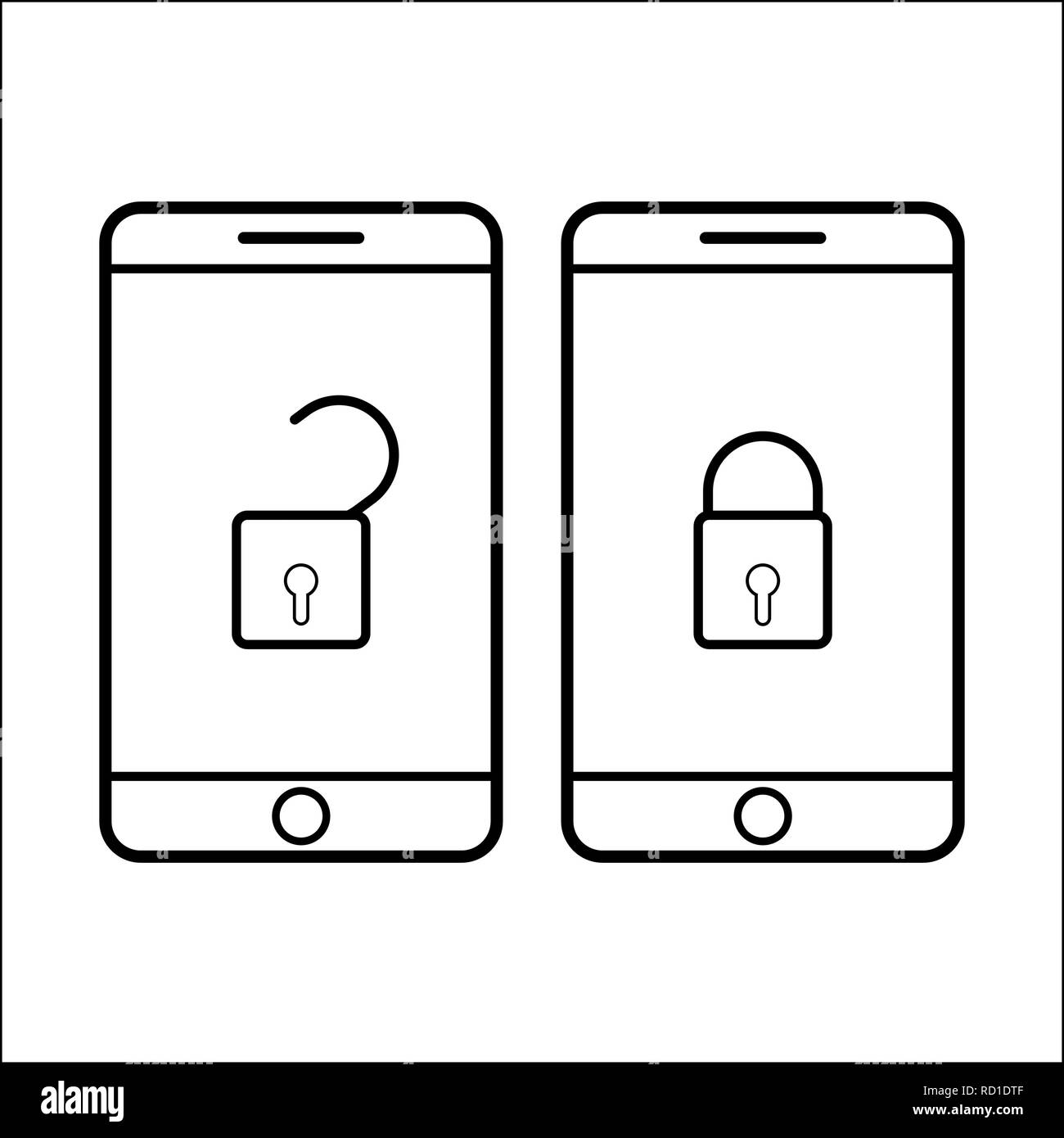Black outline of a smartphone with an image of an open and closed lock ...