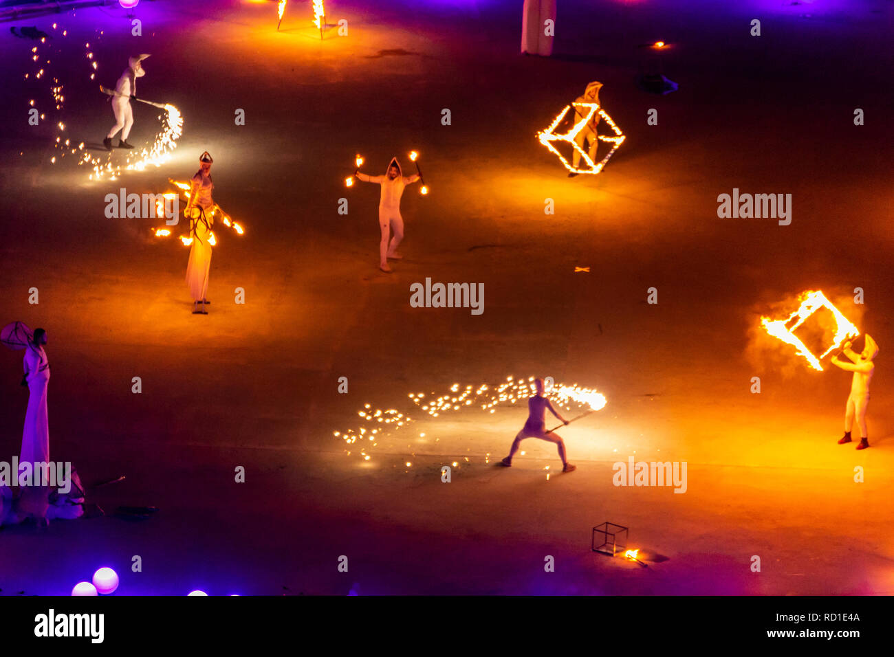 PLOVDIV, BULGARIA - JANUARY 12, 2019 - Fire show at opening event of ...