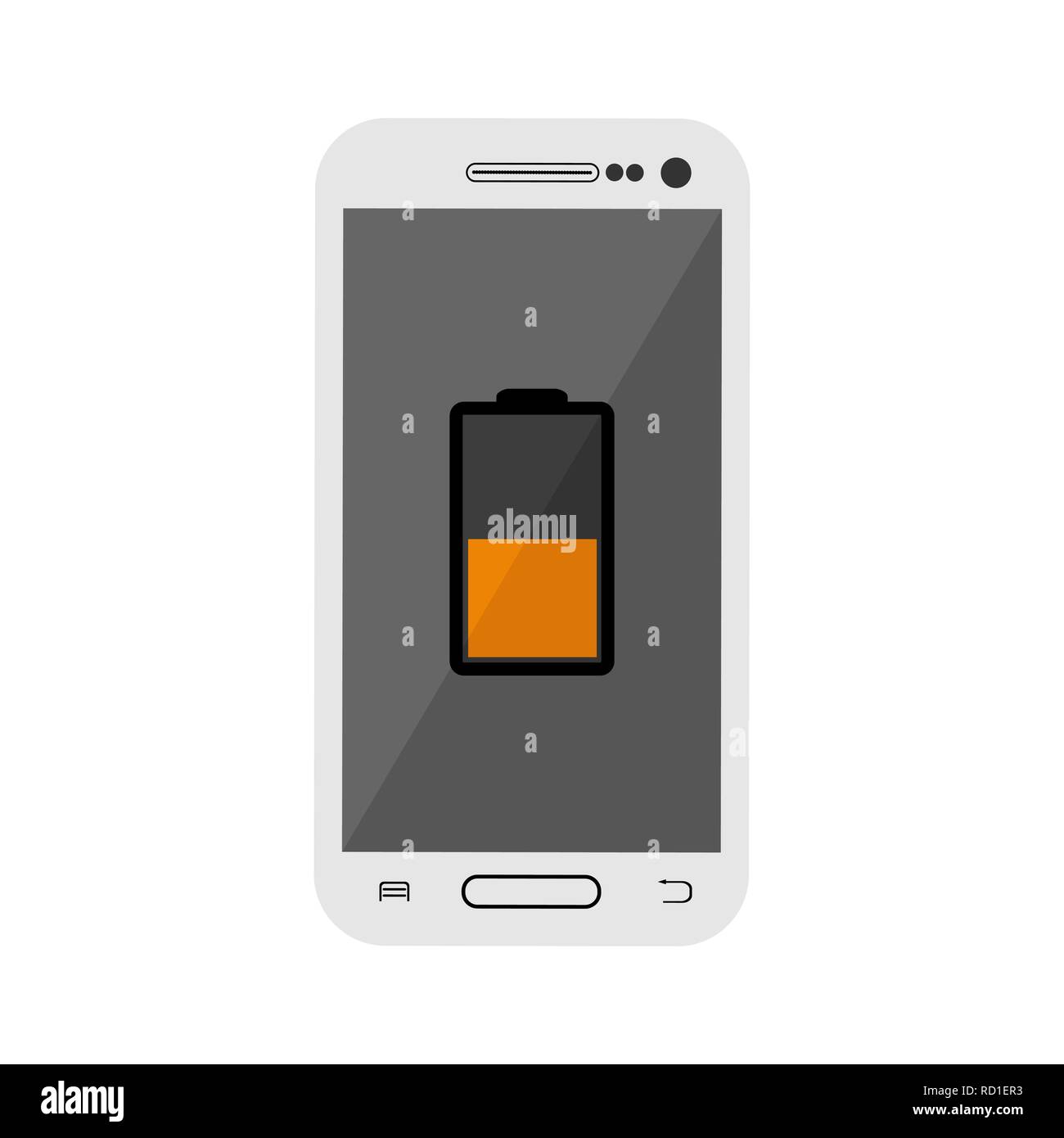 screen of the smartphone shows a battery with a half charged battery ...
