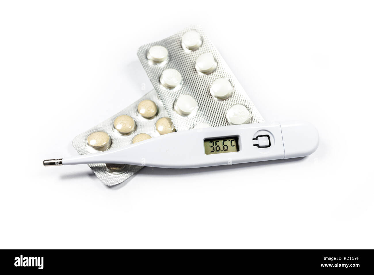 digital thermometer and pills Stock Photo - Alamy
