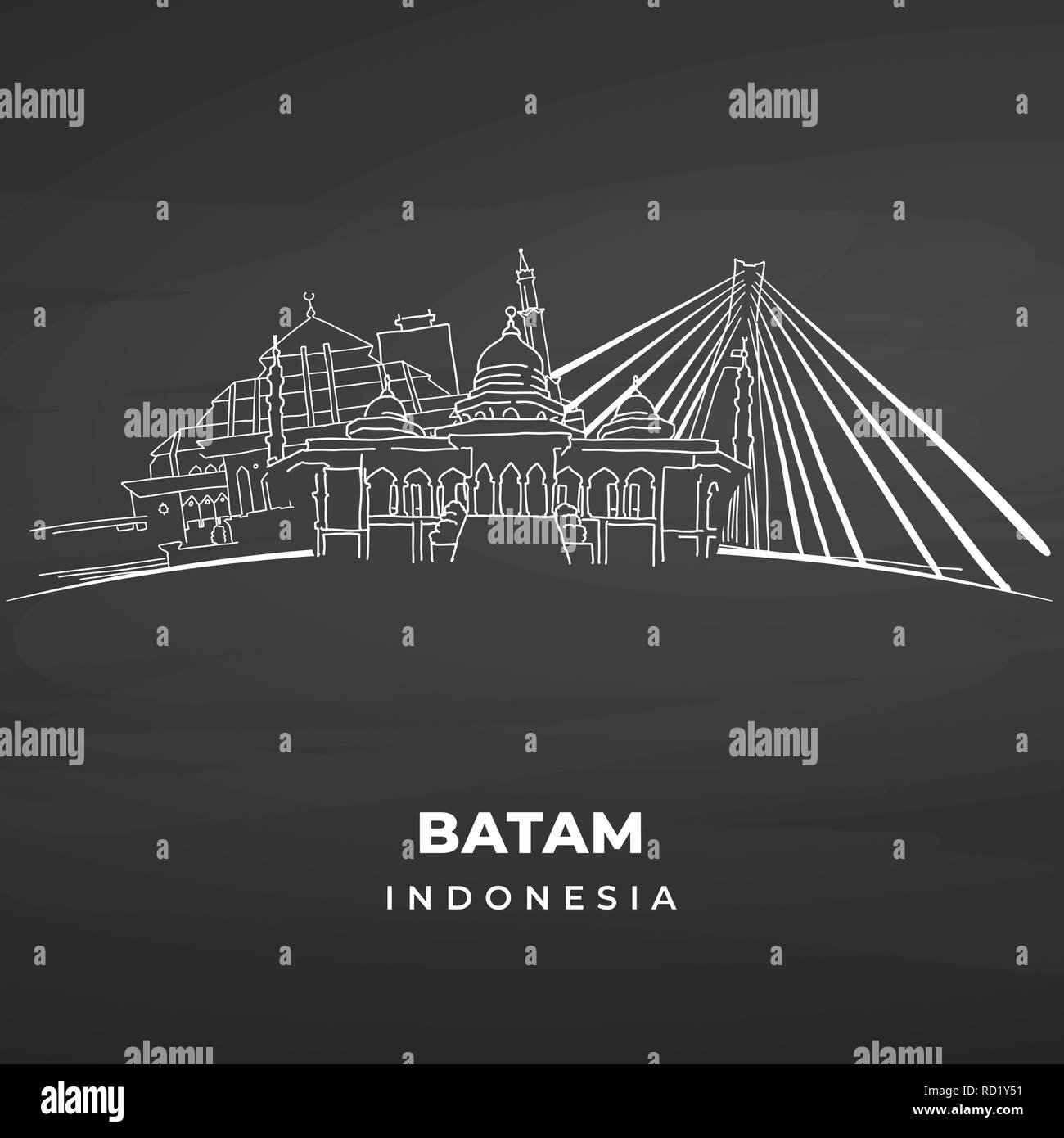Batam Landmarks on blackboard. Hand-drawn vector illustration. Famous ...