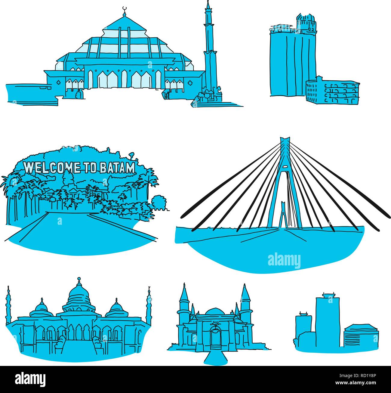 Batam hand-drawn architecture. Vector illustration. Famous travel ...