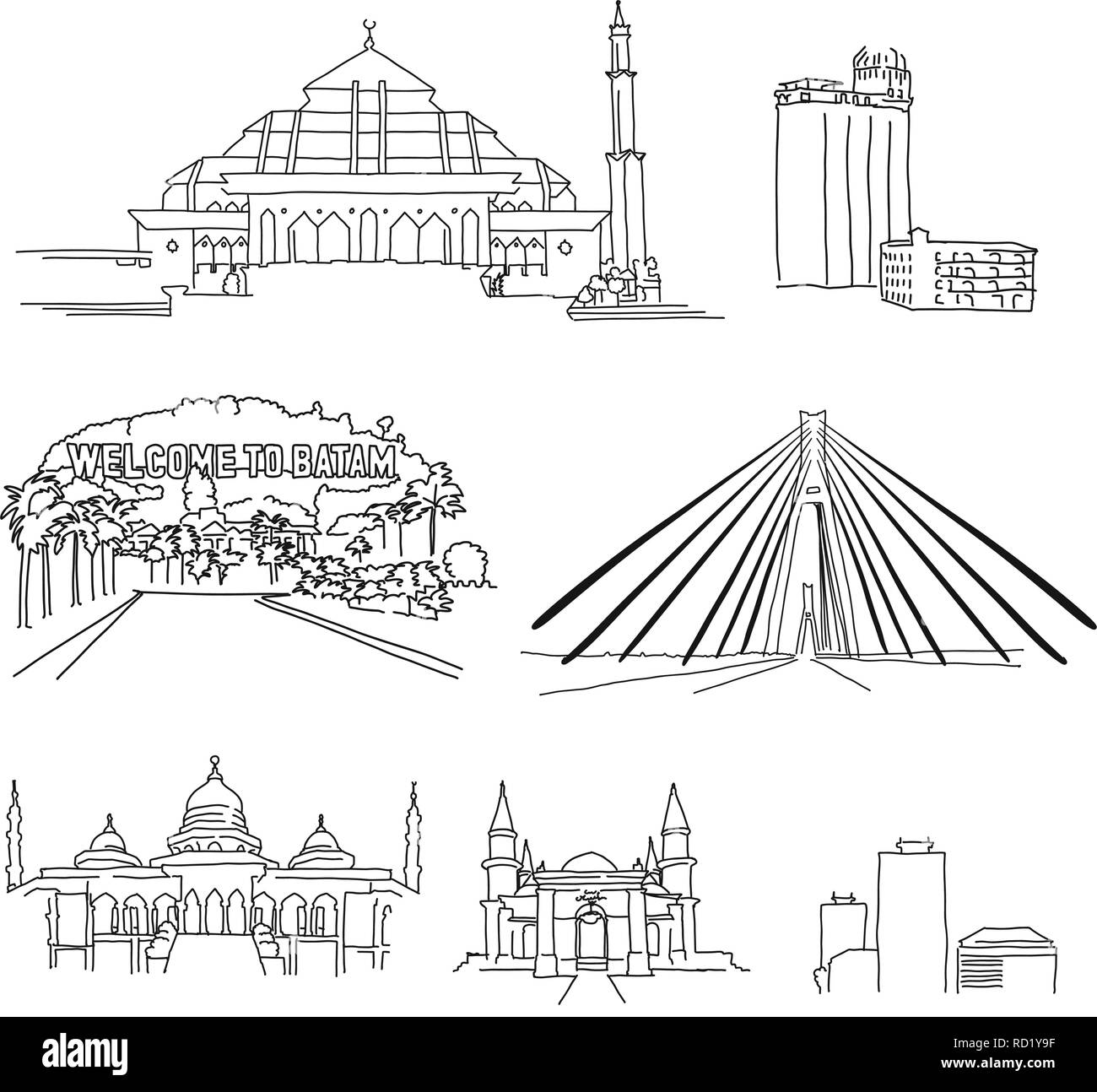Batam famous architecture outlines. Hand-drawn vector illustration ...