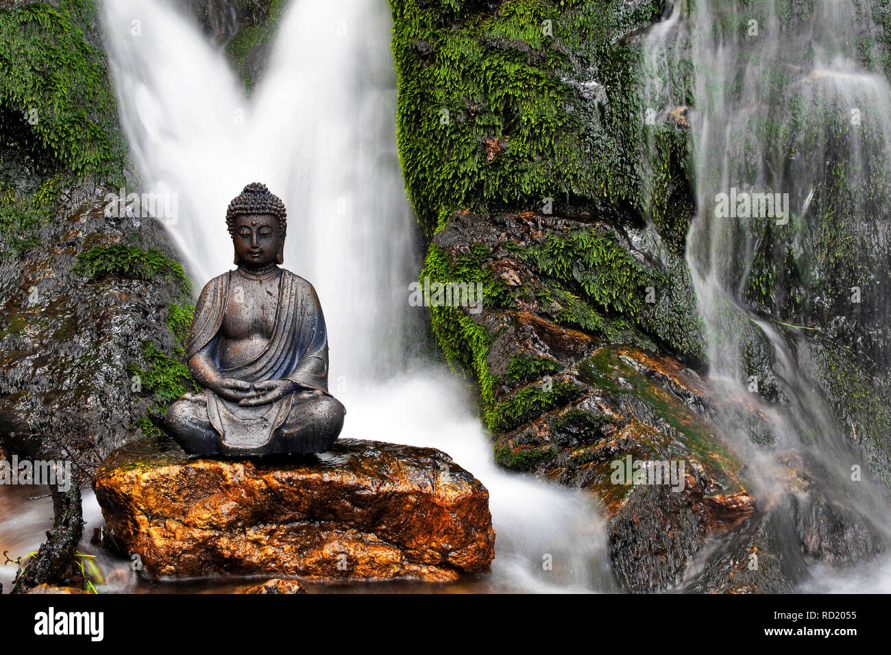 sitting Buddha statue in front of a waterfall Stock Photo - Alamy