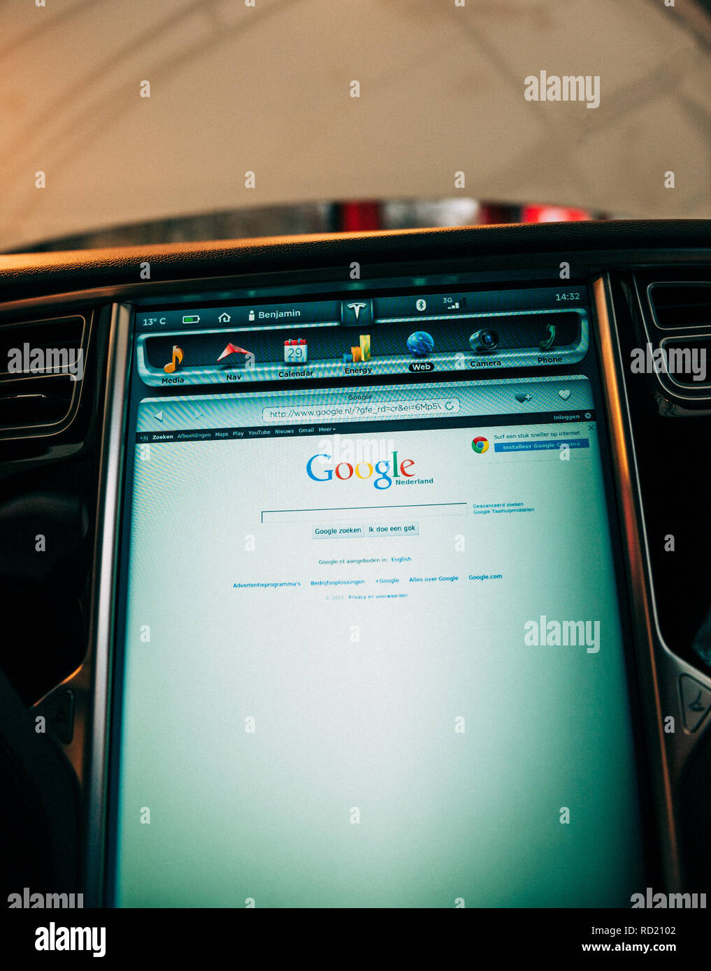 PARIS, FRANCE - NOV 29, 2014: New Tesla Model S dashboard computer ...