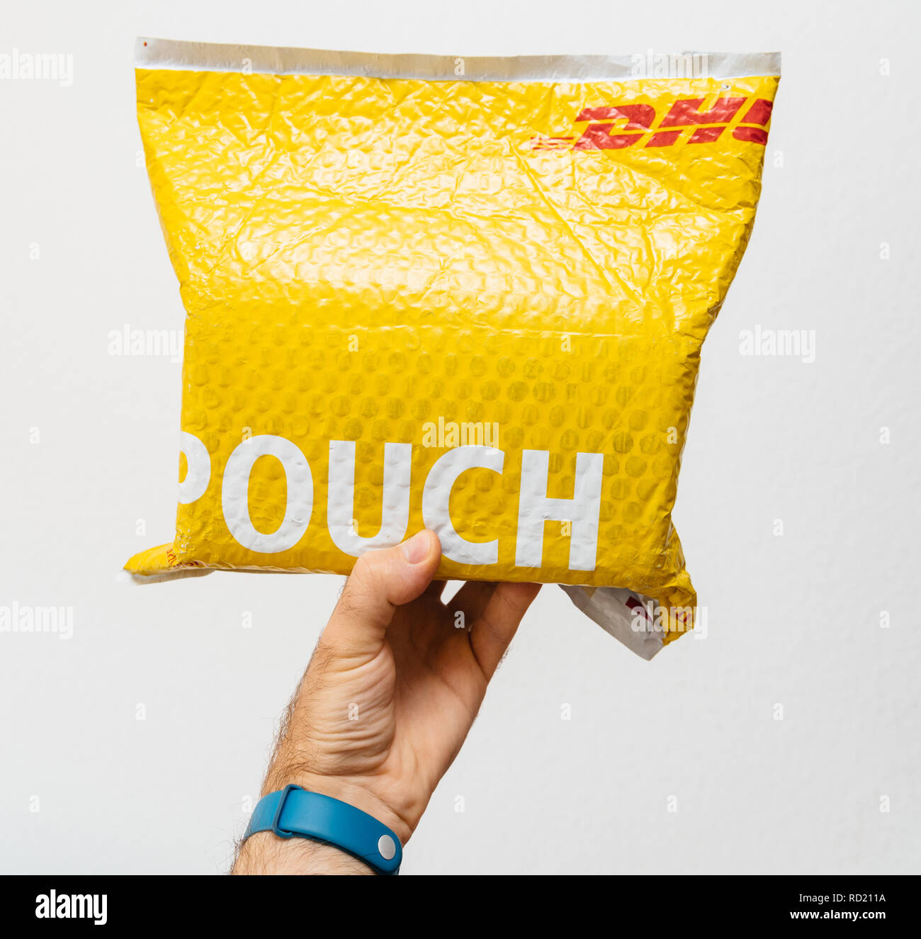 PARIS, FRANCE - MAR 24, 2018: Male hand holding against white ...