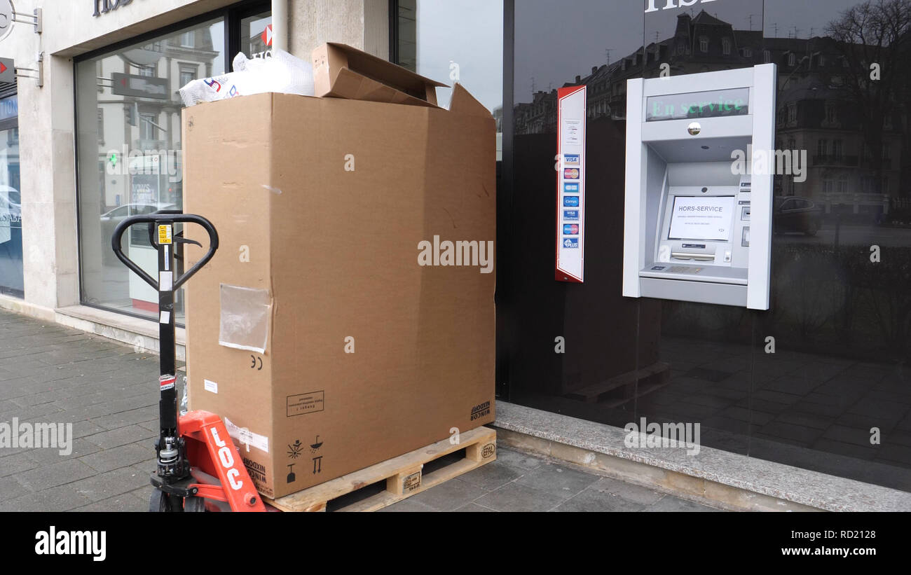 PARIS, FRANCE - CIRCA 2018: Installation of a new HSBC ATM automatic ...