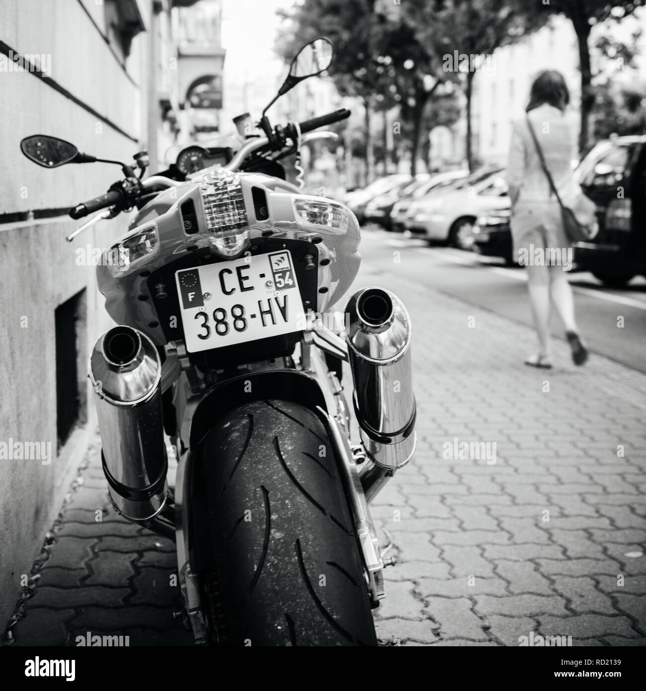 PARIS, FRANCE - JUN 27, 2015: Rear view of Aprilia 1000 RSV4 RR sport ...
